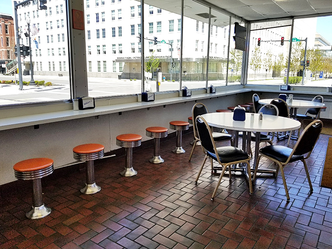 Classic counter seating offers a front-row view of downtown Findlay. The best entertainment in town comes with your meal.