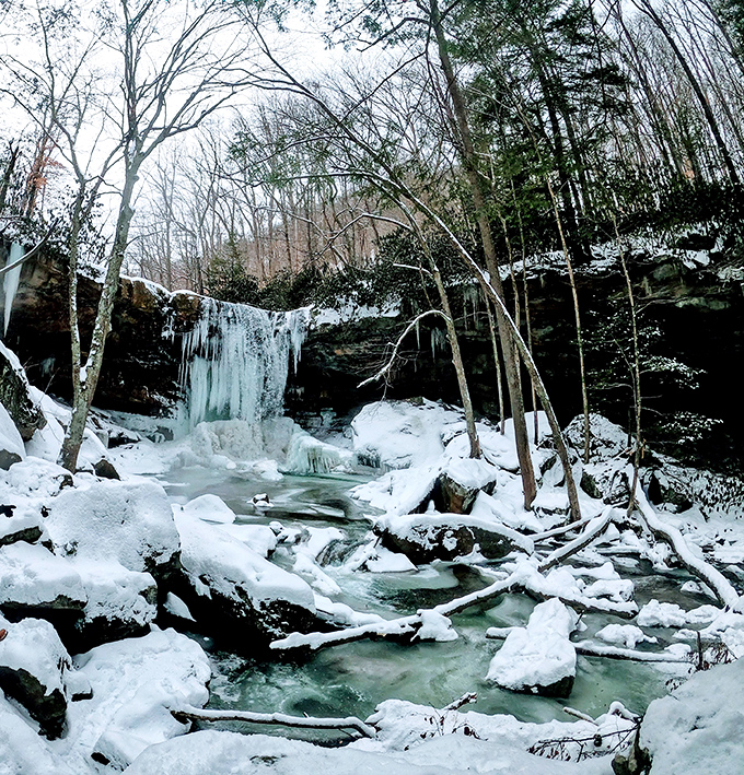 Winter's icy grip transforms Cucumber Falls into a frozen fantasy world. Those ice formations are nature's most impressive sculptures.