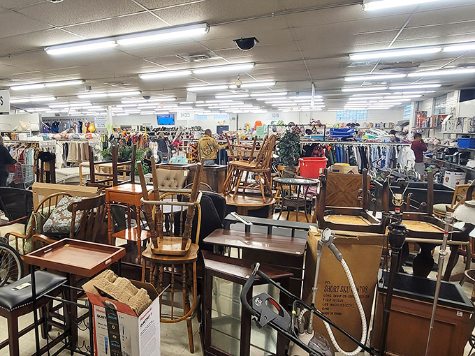 The furniture section resembles a wooden United Nations – mid-century modern chairs peacefully coexisting with colonial tables and boho accessories.