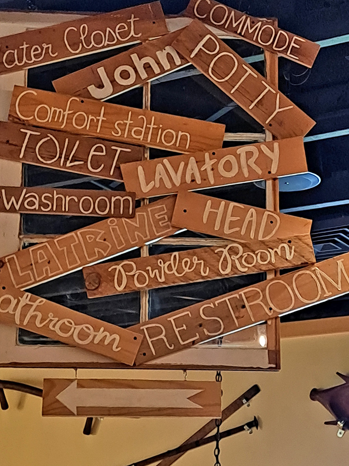 A directional sign forest that somehow makes perfect sense when you're following your nose to barbecue.