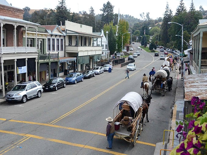 Sutter Creek's historic main street curves through town, showcasing Gold Rush architecture at its finest.