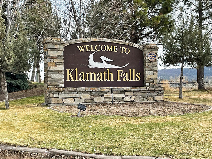 The "Welcome to Klamath Falls" sign might as well add "where your retirement dollars go further under 300 days of sunshine."