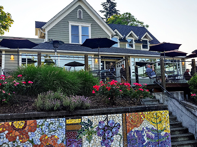3 Rivers Grill's flower-adorned patio and mosaic wall create the perfect backdrop for that "wish you were here" moment with a glass of local wine.