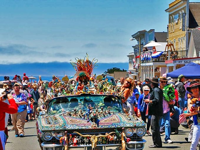 Mendocino's Fourth of July parade features art cars that would make Burning Man attendees nod in respectful appreciation. Small town, big creativity.
