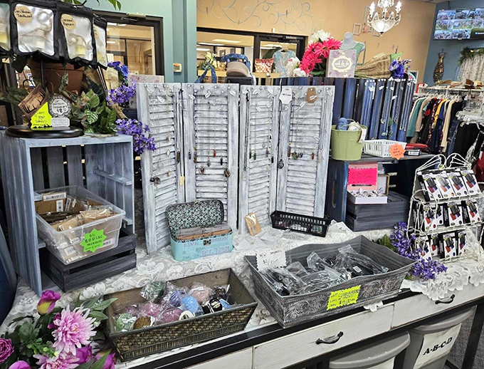 Vintage-inspired displays transform shopping into time travel. These repurposed shutters and antique drawers showcase treasures with nostalgic charm.