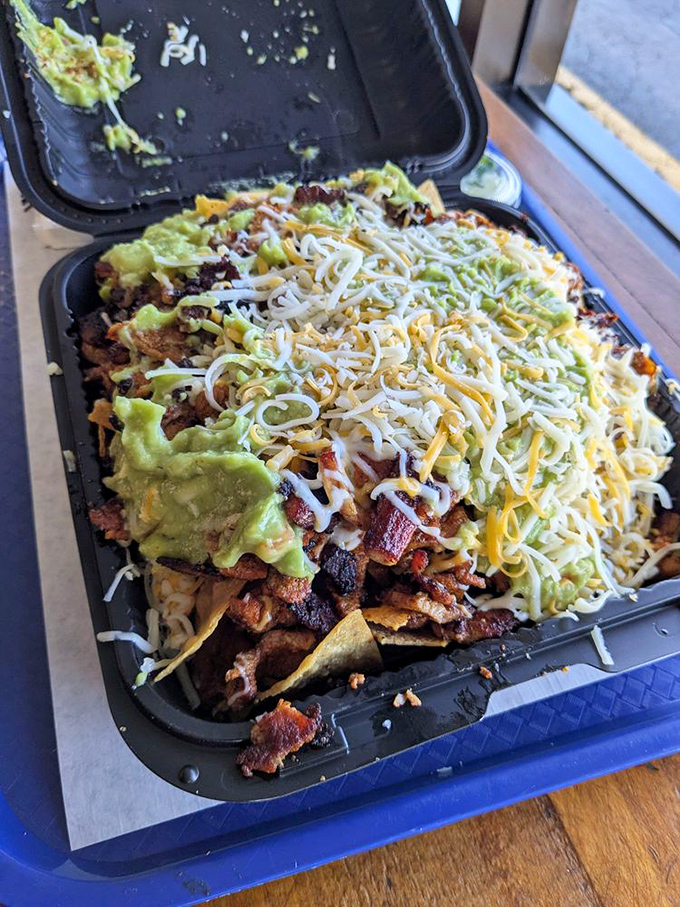 Adobada nachos that don't understand the concept of negative space&mdash;every chip bearing the weight of multiple toppings in perfect harmony.