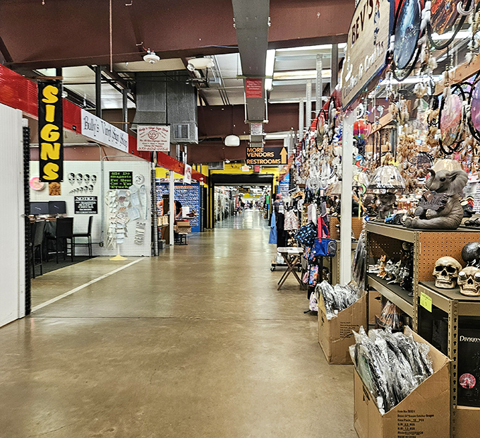 The corridor of curiosities stretches into infinity, with skull decorations suggesting this might be the goth section. Halloween shopping in July? Why not!