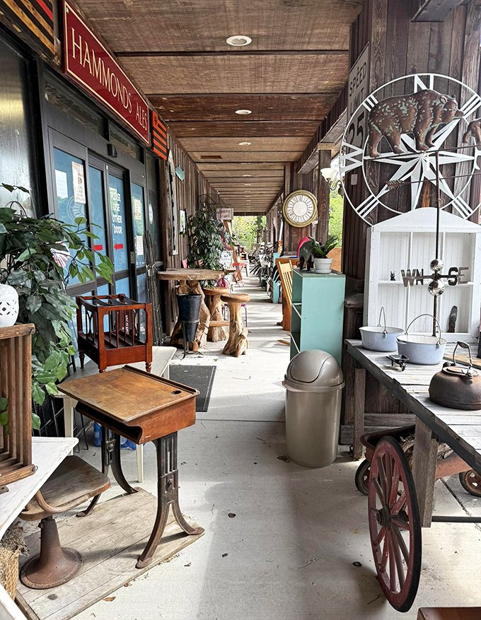 The corridor of possibilities&mdash;where an antique school desk meets garden implements and every step reveals another potential heirloom.