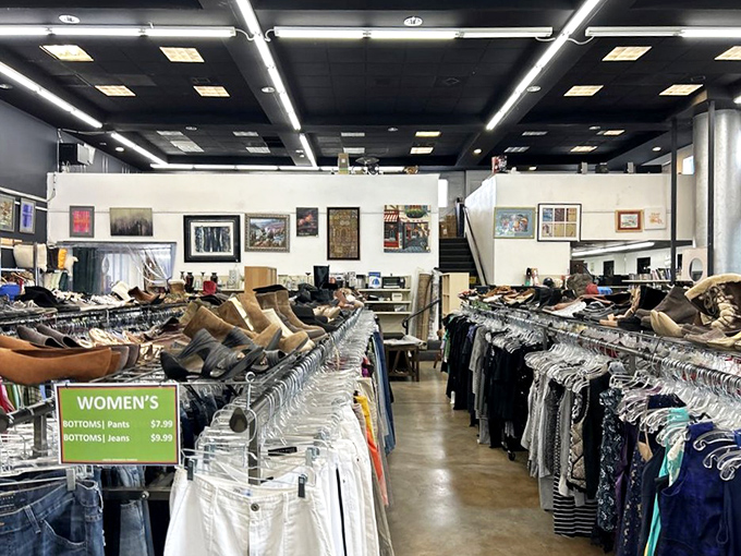 Wide aisles invite leisurely browsing through this carefully organized maze of pre-loved goods and hidden retail gems. 