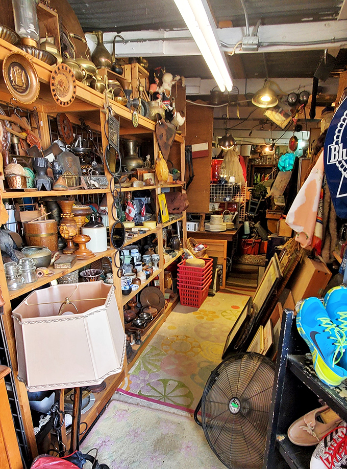 Antique treasures packed tighter than a holiday suitcase, each piece whispering tales of yesteryear.