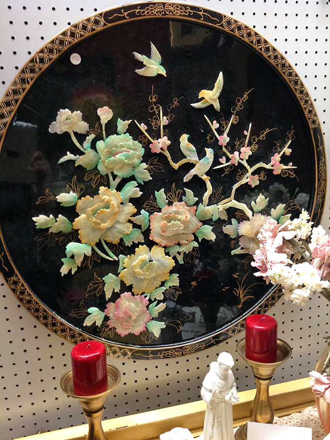 Mother-of-pearl inlay birds and flowers on black lacquer&mdash;this Asian wall art once graced someone's "fancy room" reserved for special company.