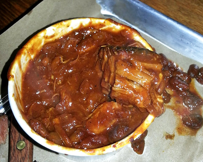 Baked beans that have clearly been introduced to their meaty cousins. What happens in the smoker stays in the smoker, but the flavor tells all.