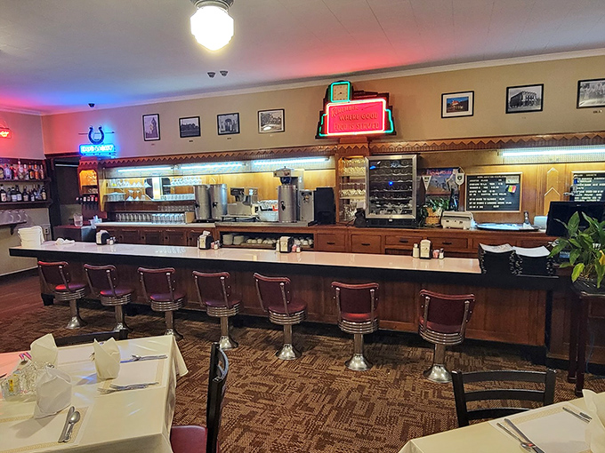 The bar area where locals gather to discuss everything from weather to politics over cold beverages.