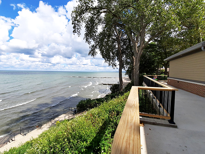 Room with a view: this elevated perspective showcases the gentle curve of shoreline where land and water negotiate their beautiful boundary.