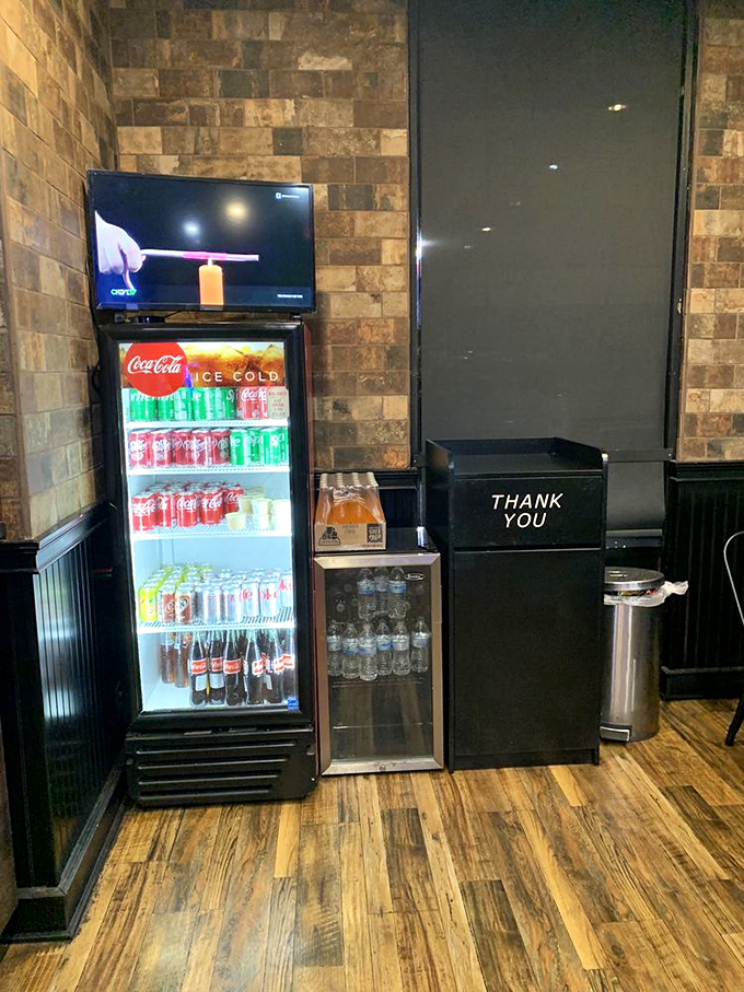 The beverage station isn't trying to impress anyone, but that "THANK YOU" sign speaks volumes about the place's character.