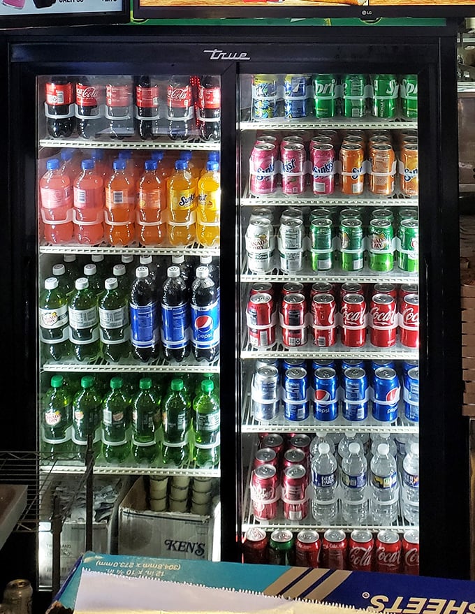 Cold drinks standing at attention, ready to rescue you from fried food fever.