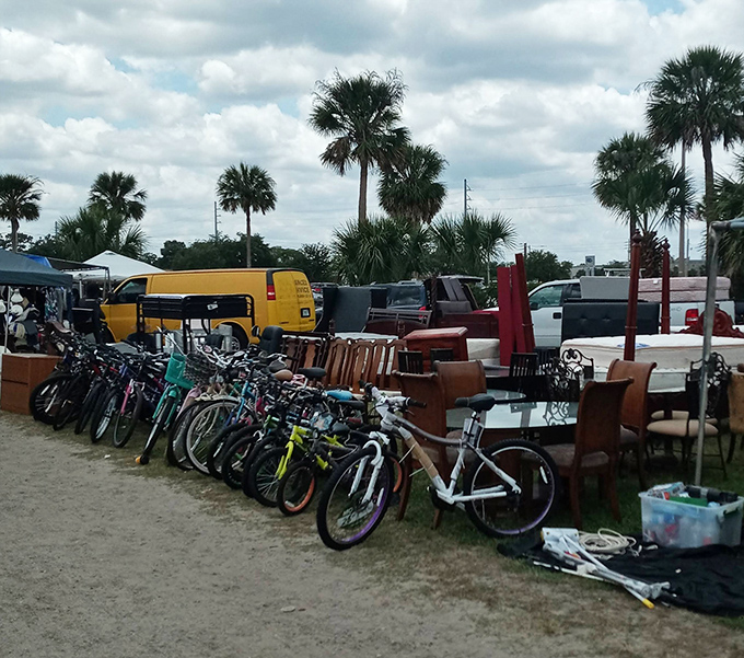 Bicycle battalion meets dining room diplomacy &ndash; transportation and furniture options for every budget line this vendor's eclectic corner.