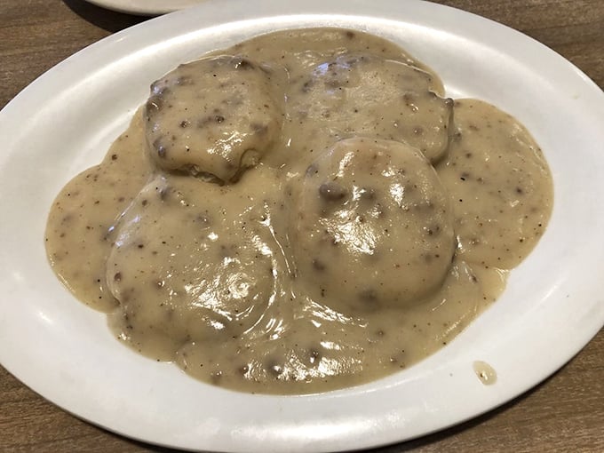 Biscuits and gravy that could make a vegetarian temporarily question their life choices. This plate has comforted countless souls on chilly Sierra mornings.