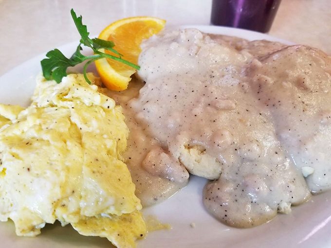 Biscuits and gravy that could make your Southern grandmother nod in approval. The eggs are just there to make it breakfast-official.
