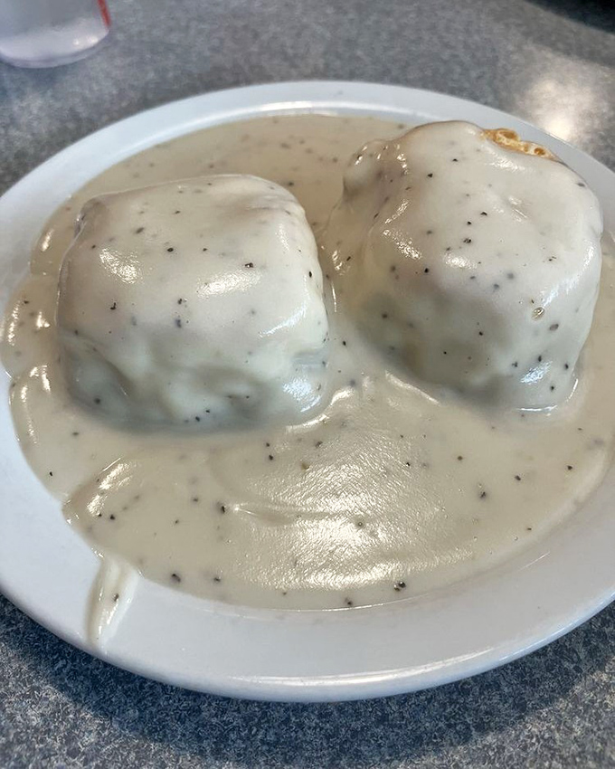Biscuits and gravy that look like clouds floating in a sea of peppery heaven. Southern comfort that found its way to California.
