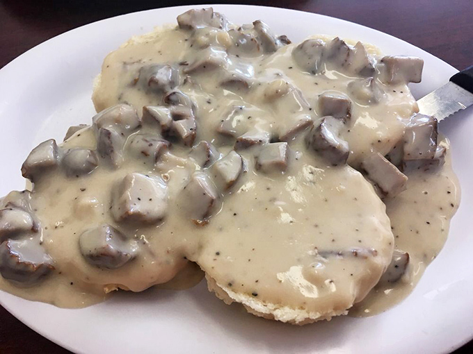 Biscuits and mushroom gravy that could make a Southern grandmother nod in silent approval.