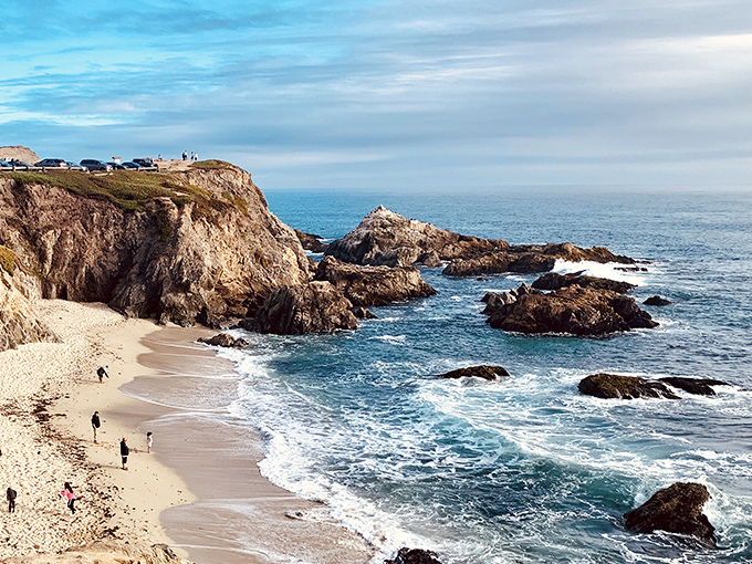 Bodega Head's dramatic cliffs meet the restless Pacific. Beachgoers appear tiny against this magnificent landscape of rock, sand, and endless ocean.