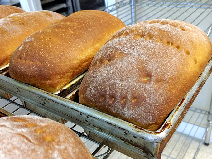 Fresh-baked bread cooling on racks, their golden domes like edible architecture. The air bubbles peeking through are nature's way of saying "perfectly done."