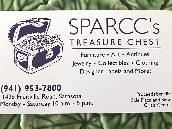 The business card that explains it all—shopping that helps survivors of domestic violence. Your bargain hunting becomes an act of community support.