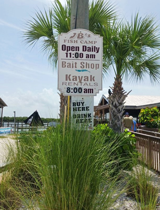The sign says it all&mdash;restaurant, bait shop, and kayak rentals. JB's isn't just serving dinner; it's offering a complete Florida experience.
