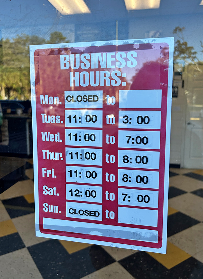 The hours posted like a treasure map &ndash; plan accordingly, fellow adventurers, for this cheesesteak journey requires proper timing.