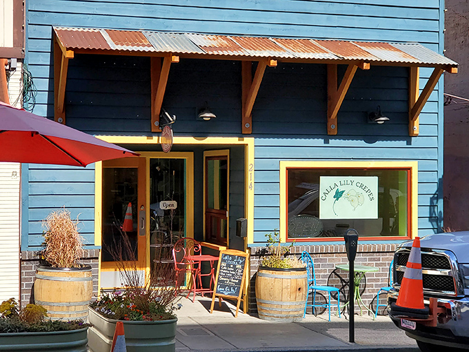 Calla Lily Crepes brings a splash of blue to Commercial Street. Wine barrels and colorful chairs invite you to linger over something sweet.