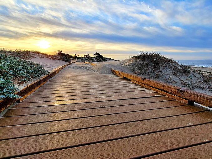 A wooden boardwalk leads through protected dunes toward sunset, proving the best things in Carpinteria are free&mdash;just follow the path.