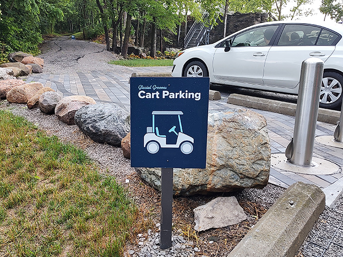 Yes, even golf carts need designated parking - island transportation meets geological tourism in this uniquely Kelleys Island scene.