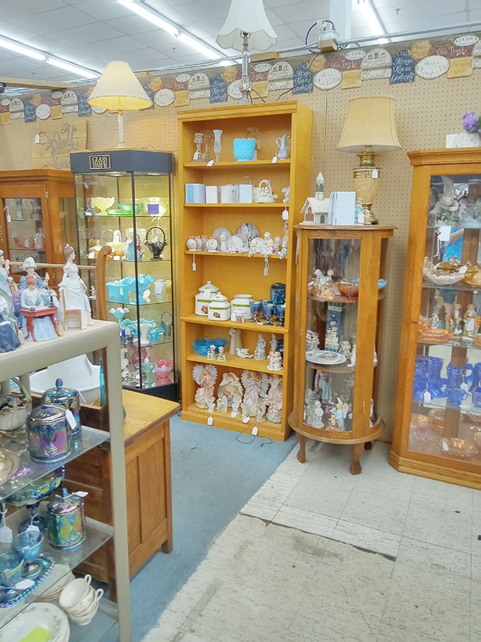 Curated collections of porcelain treasures stand guard in wooden cabinets, each shelf a museum of someone's cherished memories.