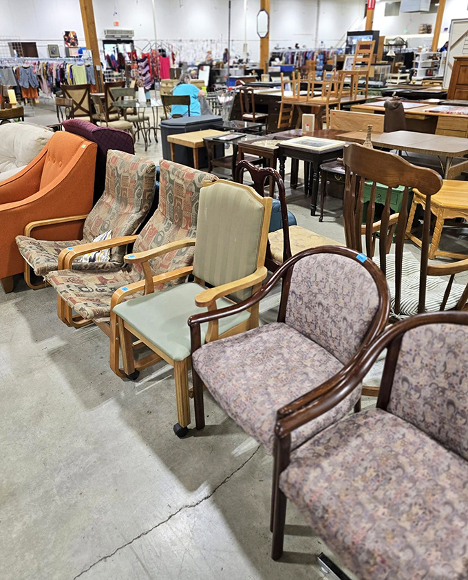 Chair congregation! This furniture fellowship offers seating solutions from grandma-chic florals to mid-century modern simplicity.