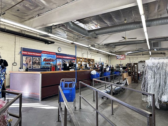 The checkout counter &ndash; final gateway between intention and acquisition. Those blue carts have witnessed countless "I can't believe I found this!" moments.