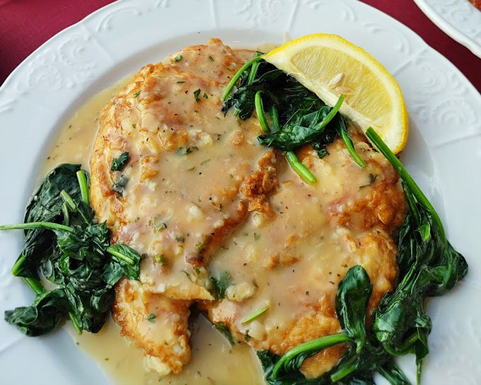 
Chicken Francese with spinach and lemon &ndash; bright, buttery, and beautiful enough to make you temporarily forget about every other dish on the menu.