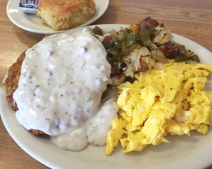 Chicken fried steak that makes you understand why the South won the breakfast wars. Pure comfort with a side of scrambled perfection.