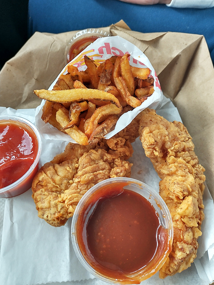 Chicken tenders and fries: the dynamic duo that's never gone out of style, served with dipping sauces that turn finger food into an interactive dining experience.