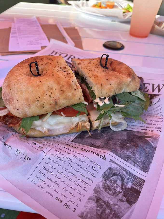 This sandwich isn't just stacked&mdash;it's architecturally sound. Fresh greens and perfectly toasted ciabatta make newspaper reading optional but recommended.