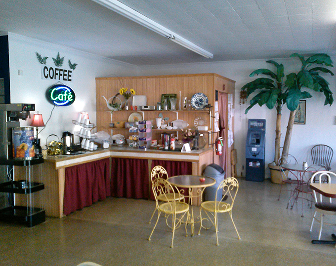 The coffee corner&mdash;where caffeine meets comfort in a setting that says "stay awhile" with its palm tree Florida charm.
