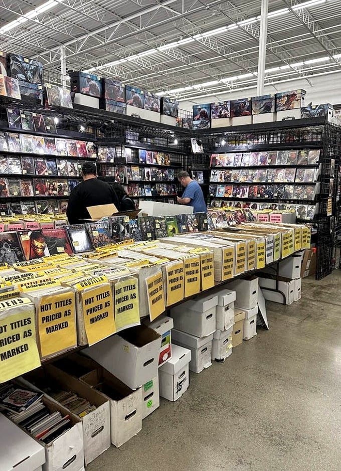 Comic book archaeology at its finest. Somewhere in these yellow boxes might be hiding the Holy Grail that completes your collection.