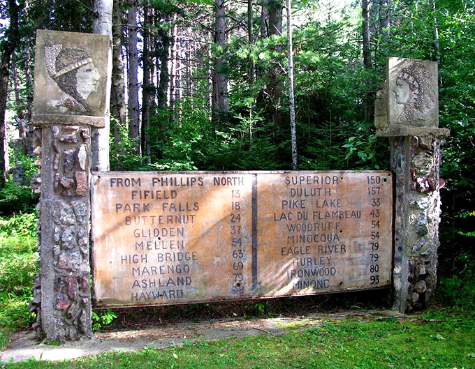 This helpful distance marker reminds visitors they're in the middle of everywhere that matters in northern Wisconsin.