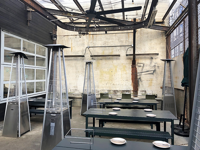 The covered patio offers a glimpse of Fishtown's industrial past while you enjoy its delicious present.