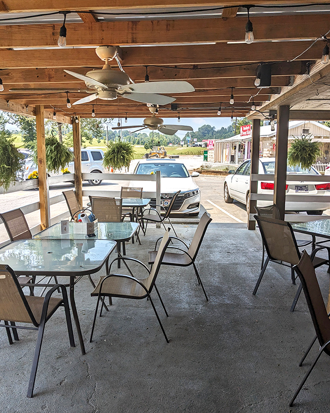 The covered patio provides the perfect middle ground between dining in and eating outside, where ceiling fans keep the Tennessee heat at bay.