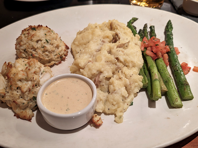 Crab cakes that are almost entirely crab&mdash;a rarity that deserves applause&mdash;served with mashed potatoes that clearly never met a box in their life.