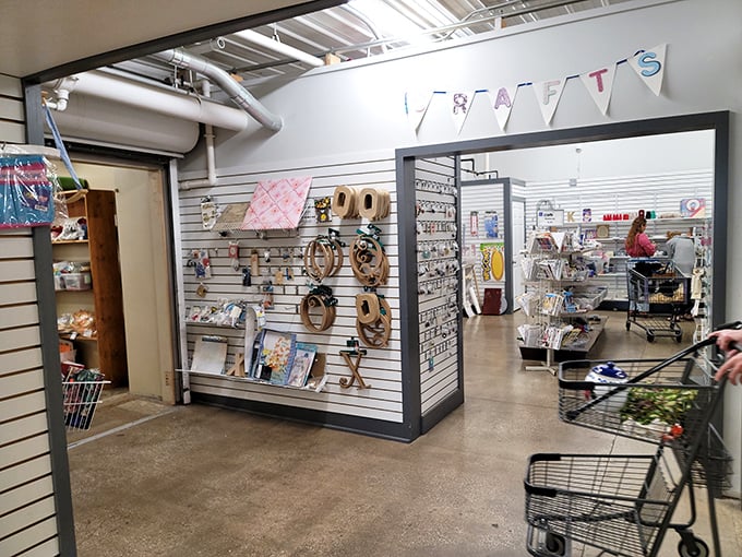 The crafts section&mdash;where creative possibilities hang on pegboard walls, waiting for DIY enthusiasts to give them new artistic purpose.