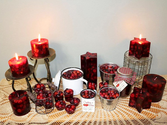 Cranberry candles glowing like Wisconsin's famous bogs at harvest time. These handcrafted beauties bring warmth to both room and soul.