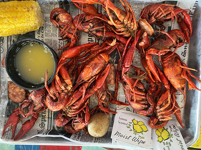 Crawfish sprawled across newspaper &ndash; nature's perfect finger food that turns strangers into conspirators. That corn isn't just a side, it's essential.