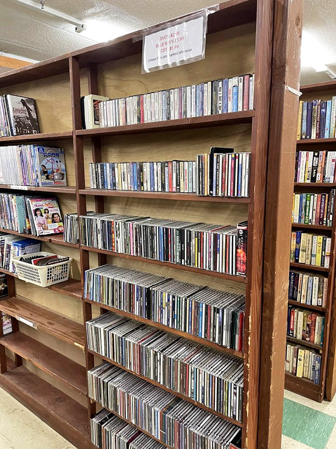 The media section offers a physical Netflix of DVDs and CDs&mdash;a reminder of when entertainment took up actual shelf space.